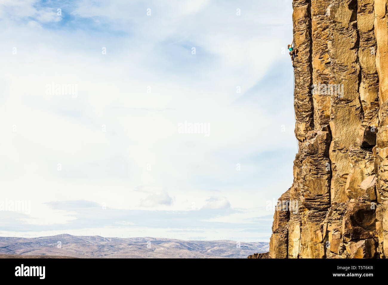 A woman climbing a basalt rock cliff in central Washington State, USA ...