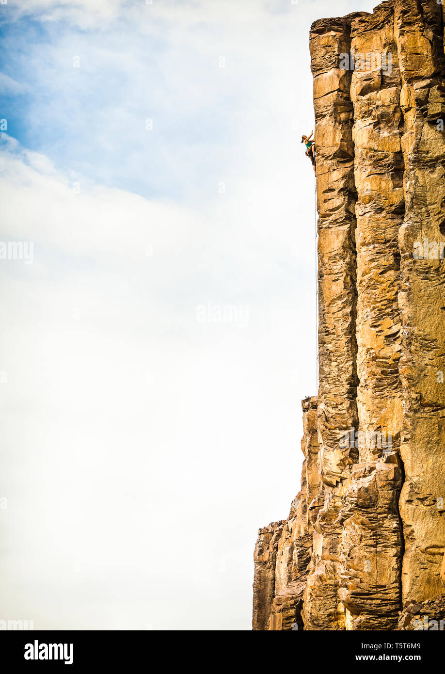 A woman climbing a basalt rock cliff in central Washington State, USA ...