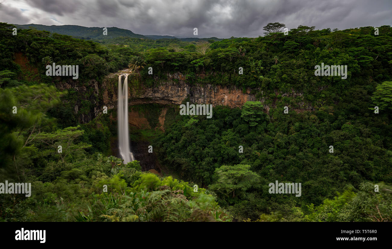 A thunderstorm at the Chamarel waterfall on the beautiful island of ...