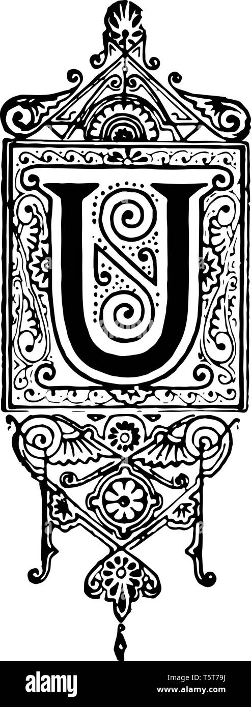 A picture of a decorative letter U with ornate initial with hanging ...