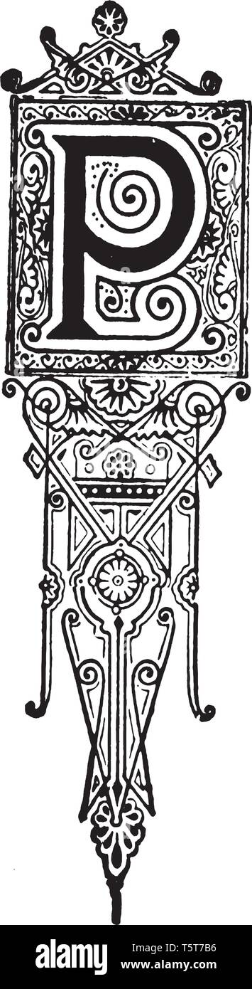 An ornamental and decorative letter P, vintage line drawing or ...