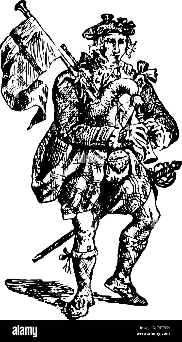 This image represents Scotch Highlander with Bagpipe, vintage line ...