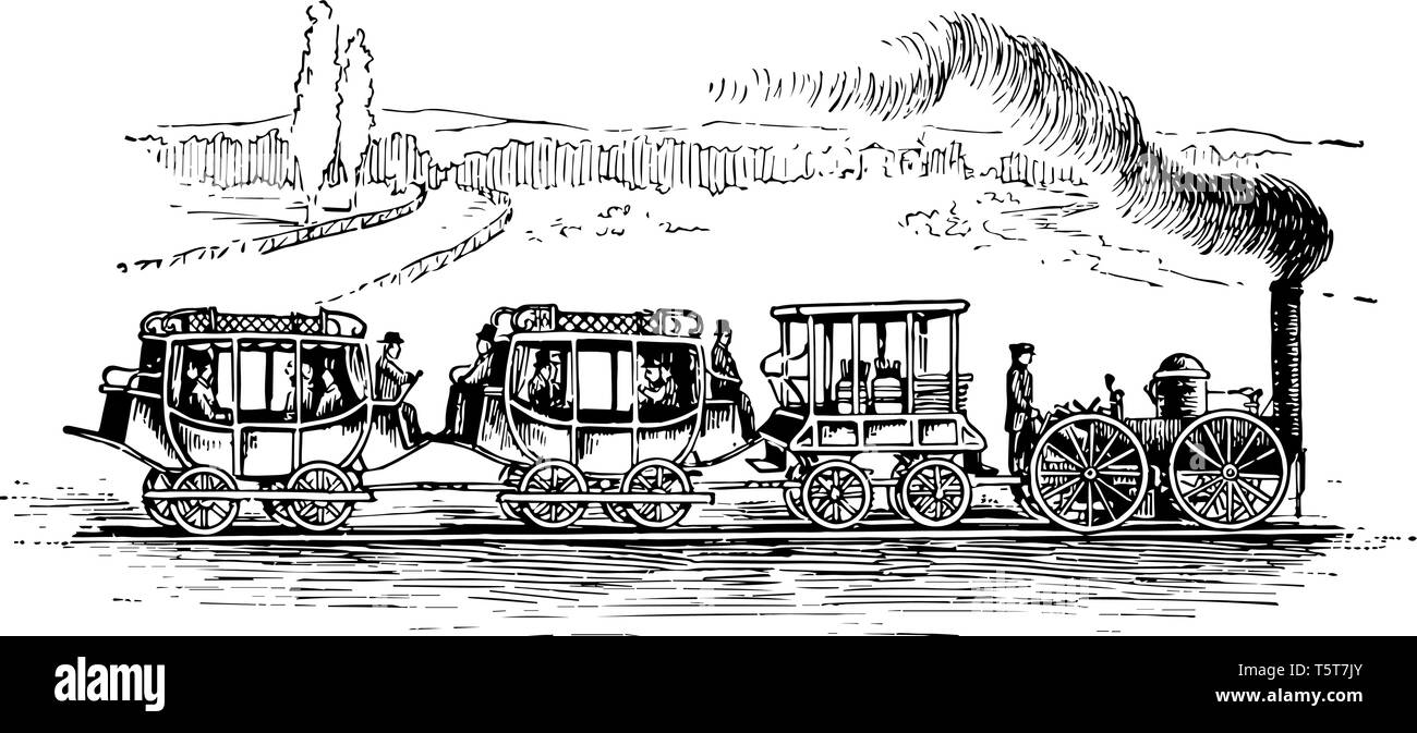 Three boxes and engine of a moving railroad train vintage line drawing ...