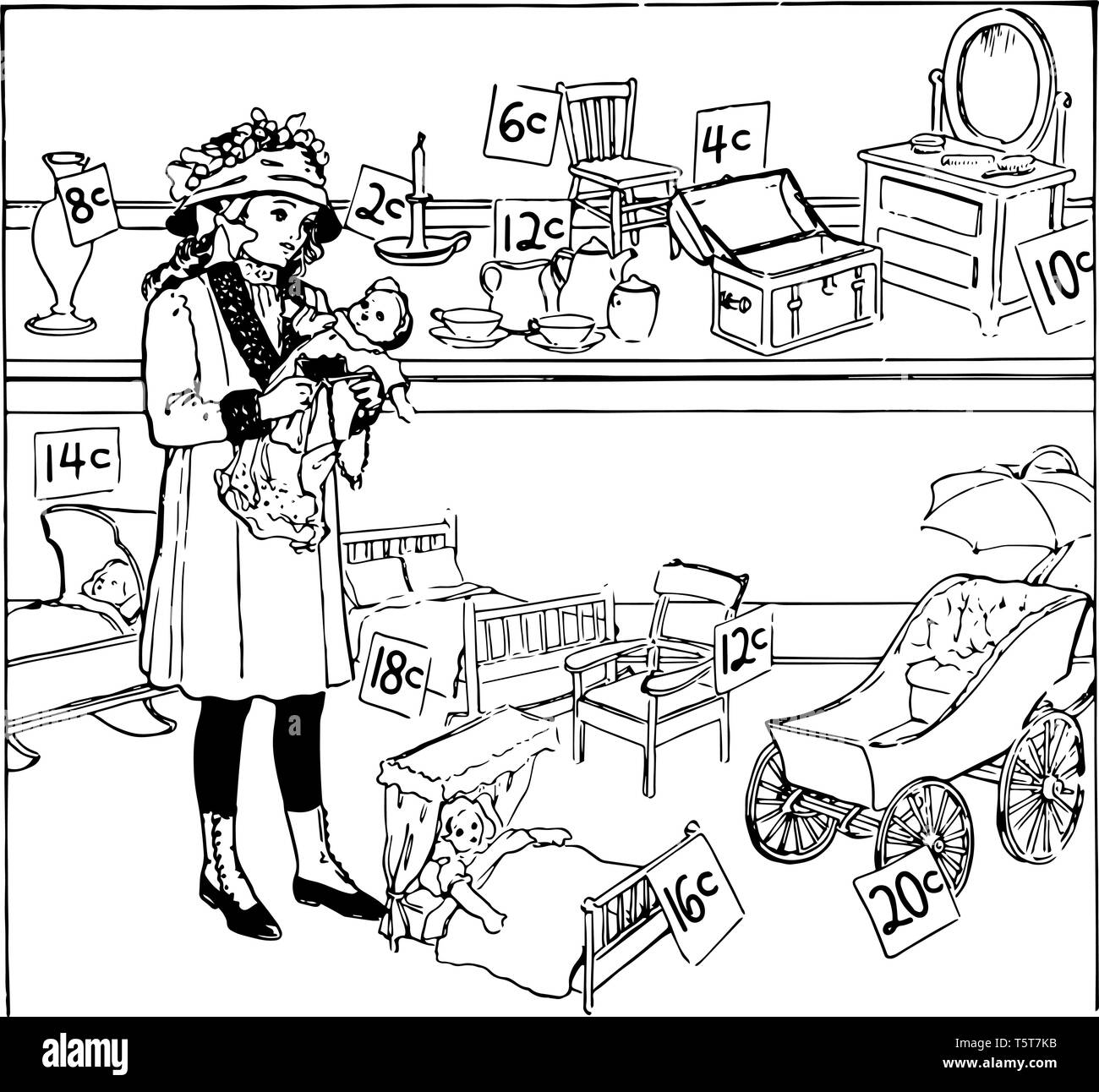 Picture of a girl buying clothes for dolls, vintage line drawing or ...