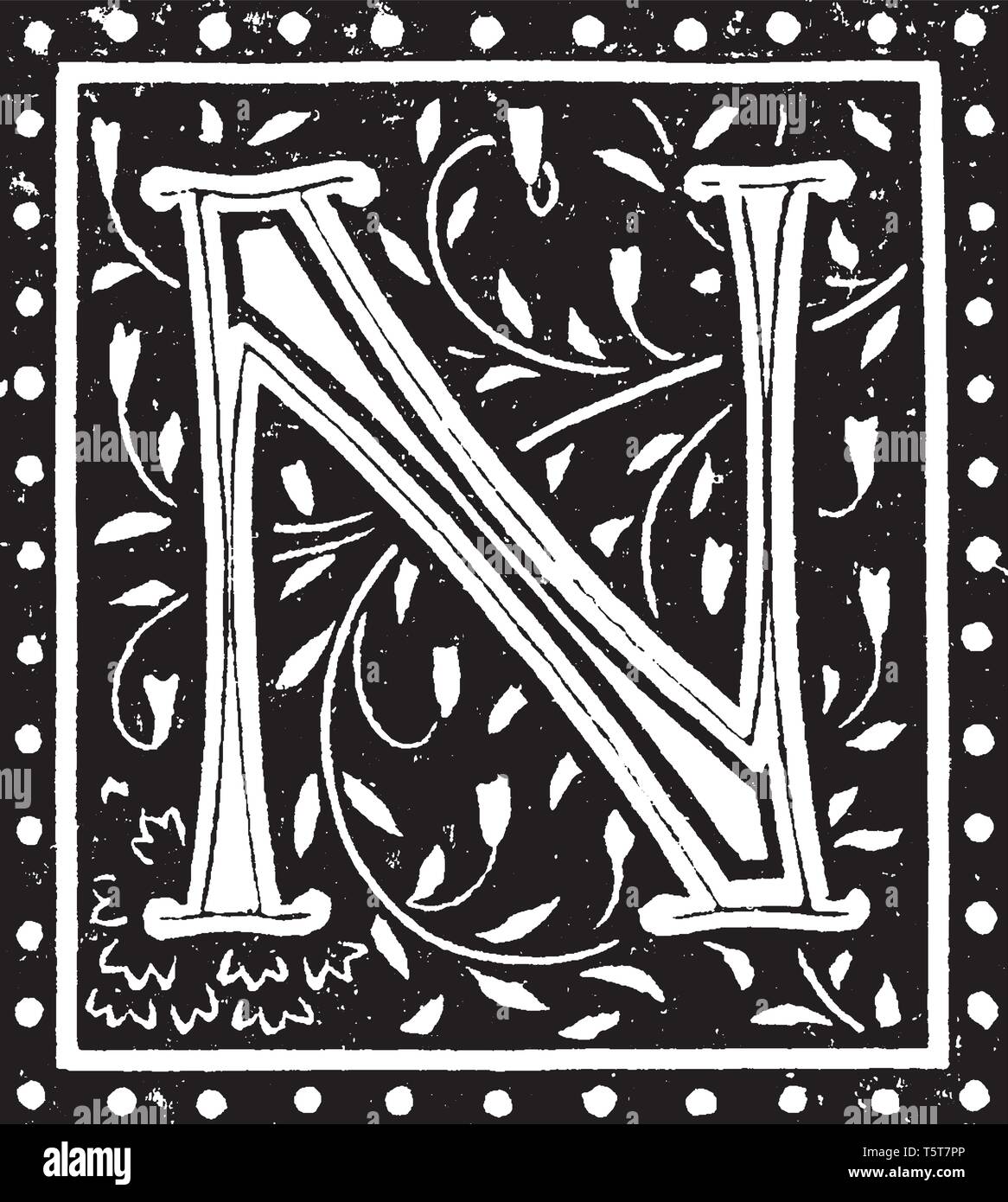An ornamental and decorative letter N, vintage line drawing or ...