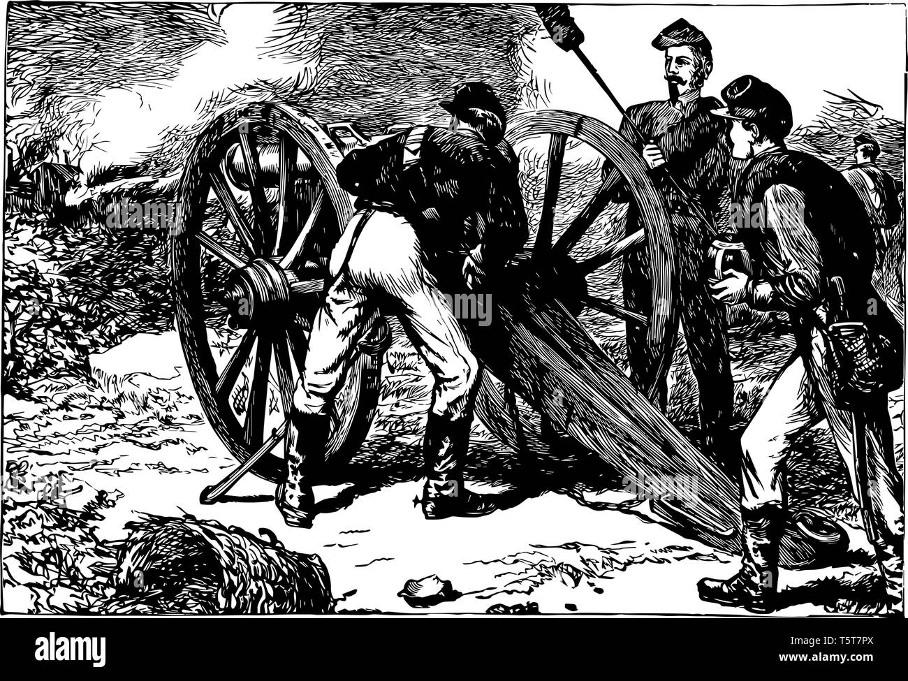 This illustration represents Cannon & Soldiers, vintage line drawing or ...