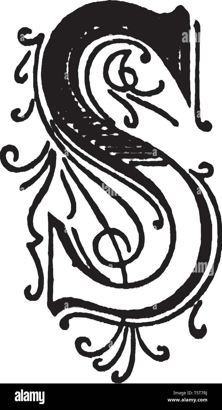 A capital letter S in stylized format, vintage line drawing or ...