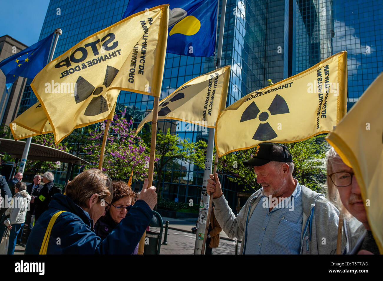 Some activists are seen holding anti nuclear flags during the protest ...