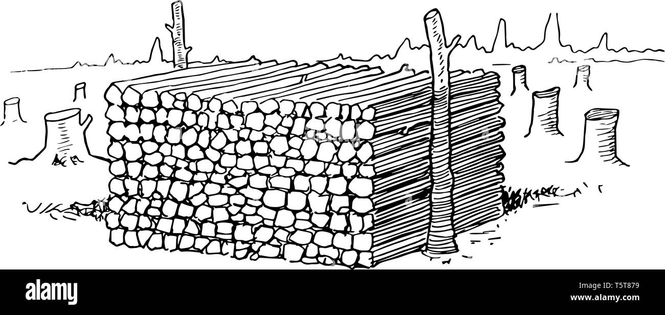 An Illustration of stack of timber, vintage line drawing or engraving ...