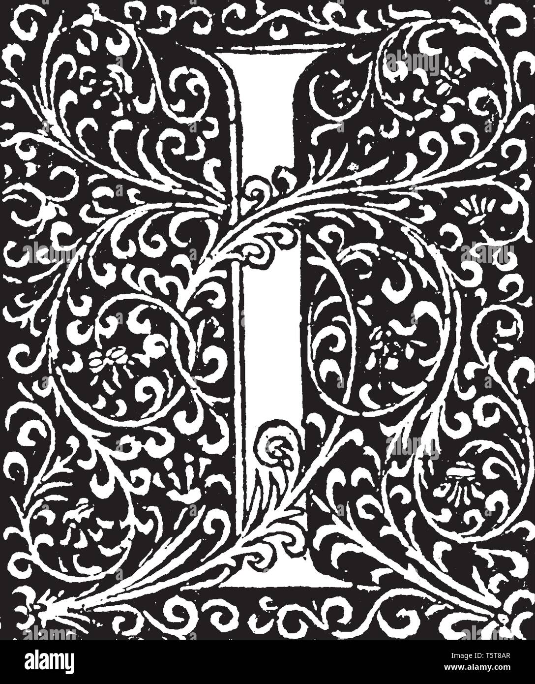 An ornamental and decorative letter I, vintage line drawing or ...