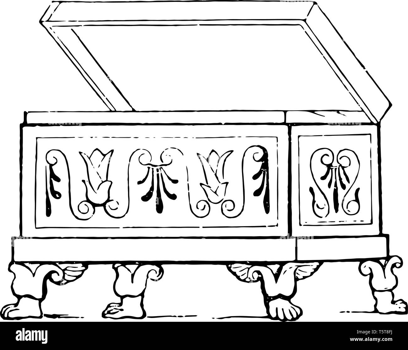 An image showing a wooden box half open, vintage line drawing or ...