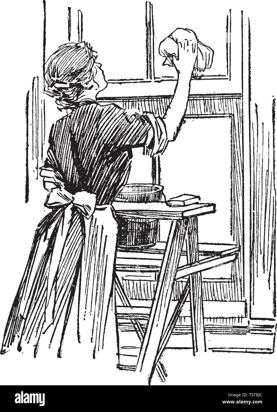 A woman washing window, vintage line drawing or engraving illustration ...