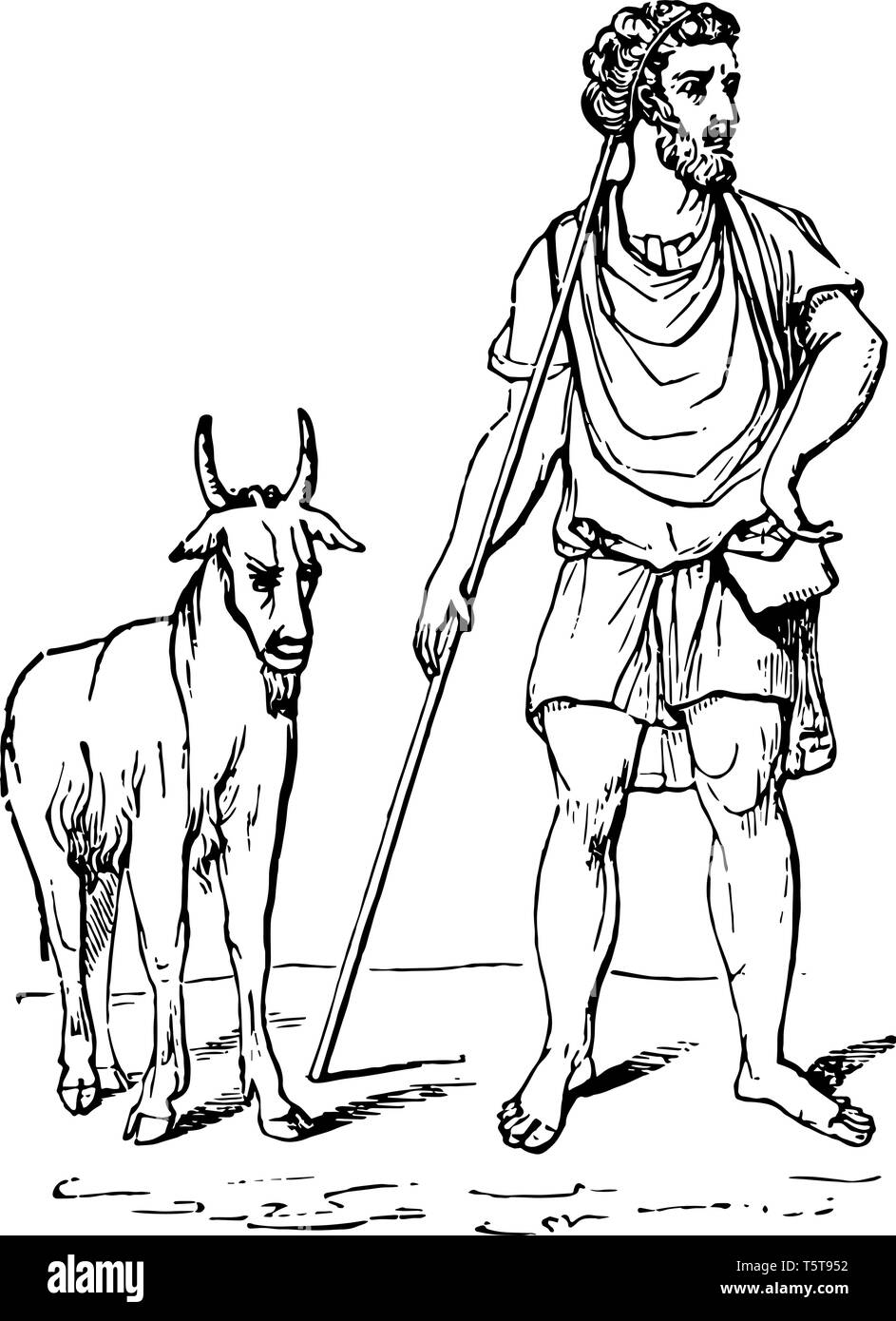 A Greek holding pera, a wallet made of leather, vintage line drawing or ...