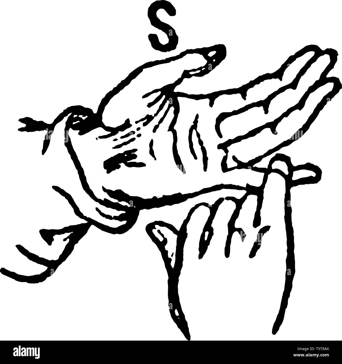 This image shows the two-hand sign for S, vintage line drawing or ...