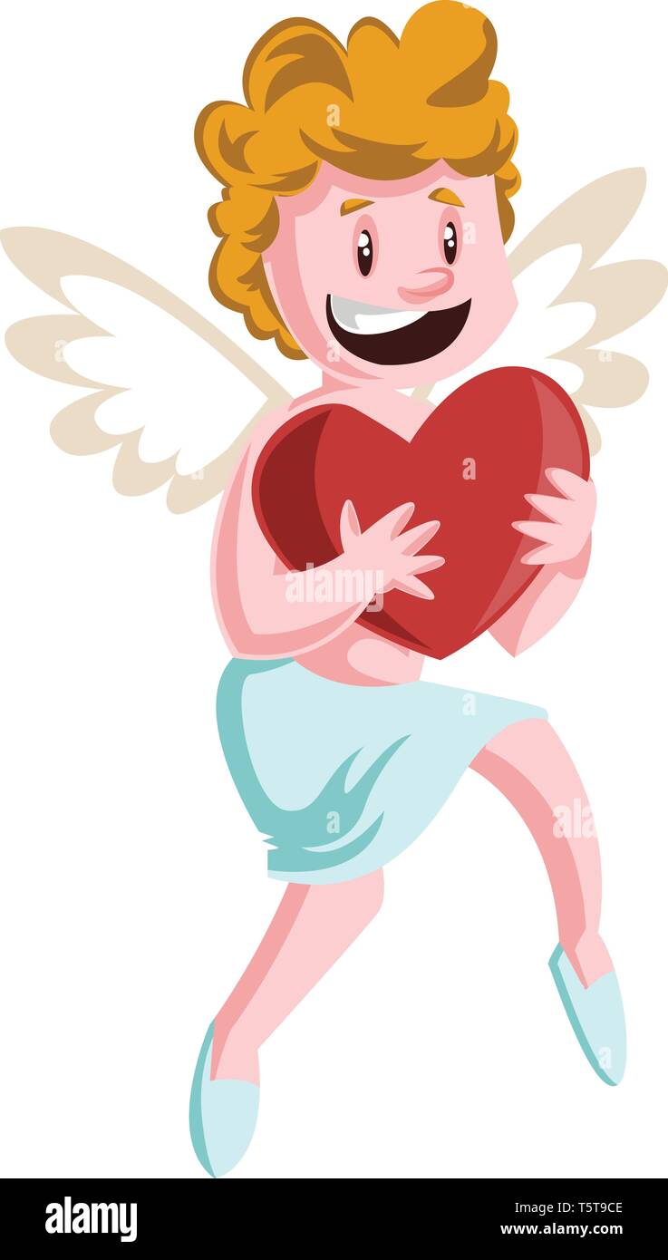 Cupid holding a big red heart vector illustration on white background ...