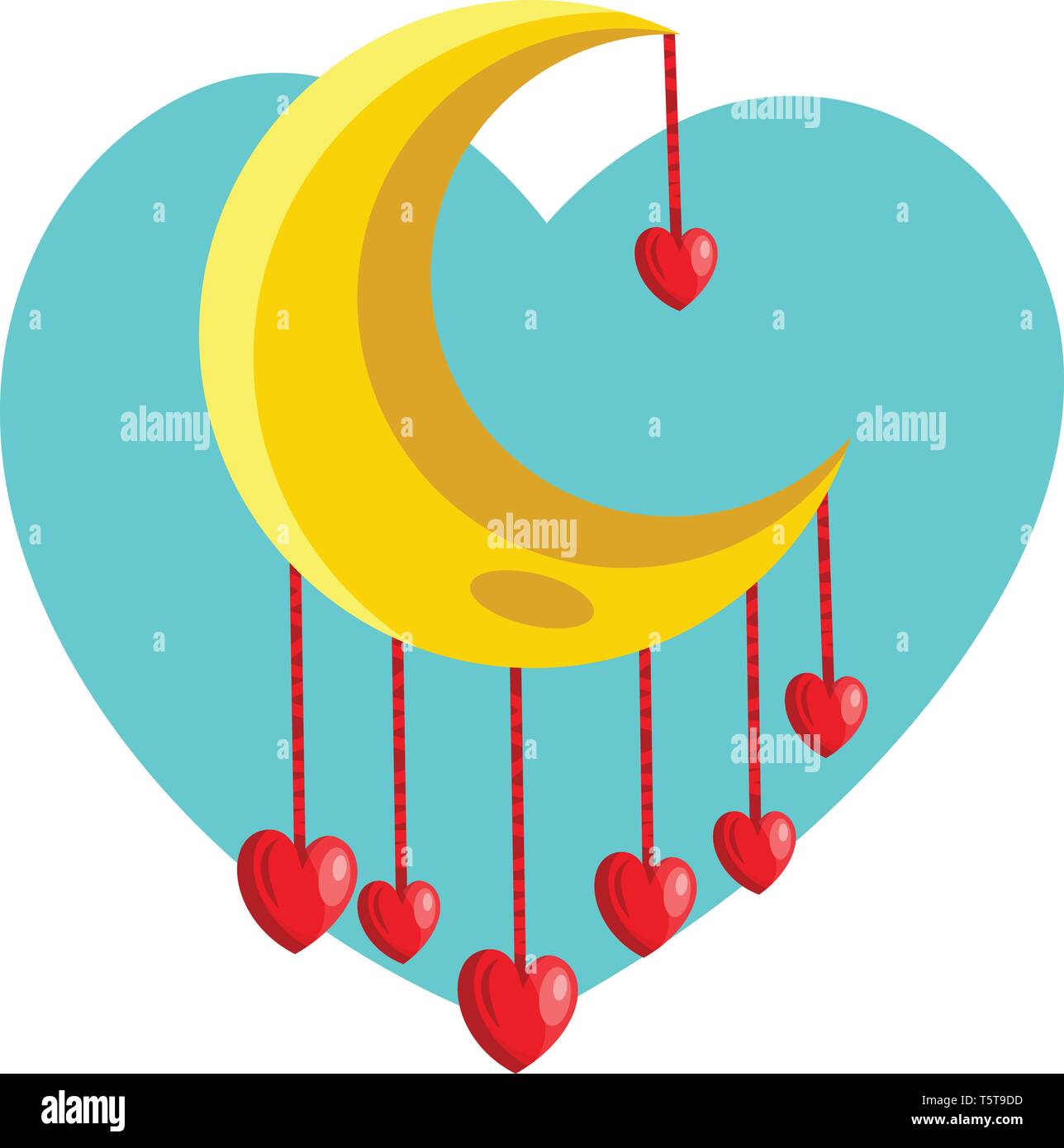 Red hearts hanging from yellow new moon vector illustration in a ...