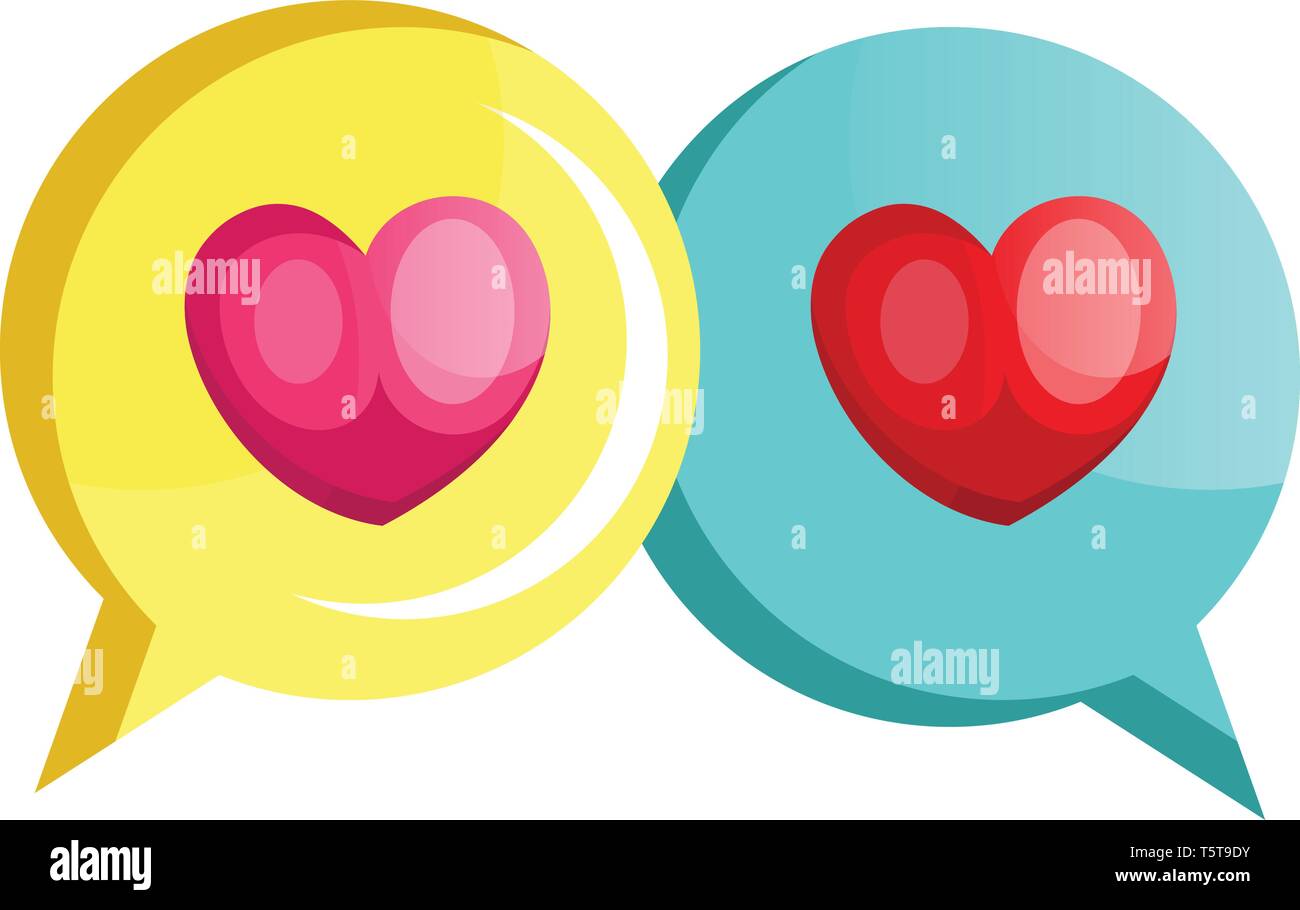 Yellow chat bubble with a pink heart and blue chat bubble with a red ...