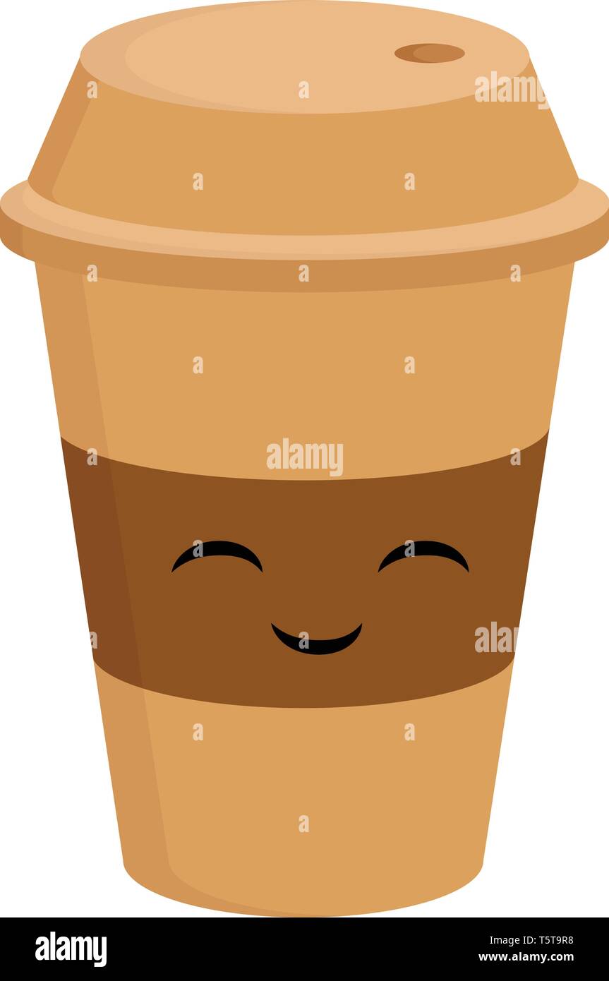 Light brown smiling coffee cup to go vector illustration on white ...