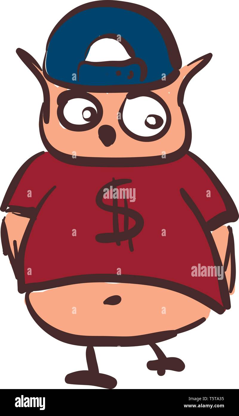 A cartoon of cream colored owl wearing a blue cap and a red Tshirt with ...