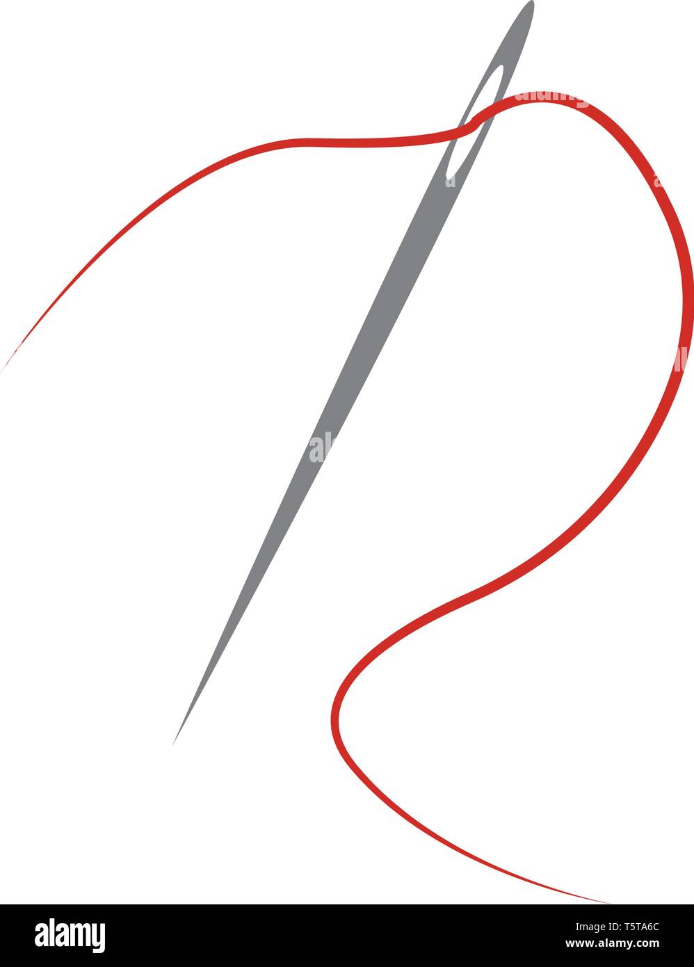 A red thread passing from a gray needle vector color drawing or ...