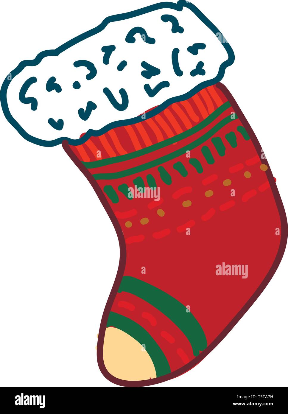 A red colored sock decorated with tiny green and yellow lines vector ...