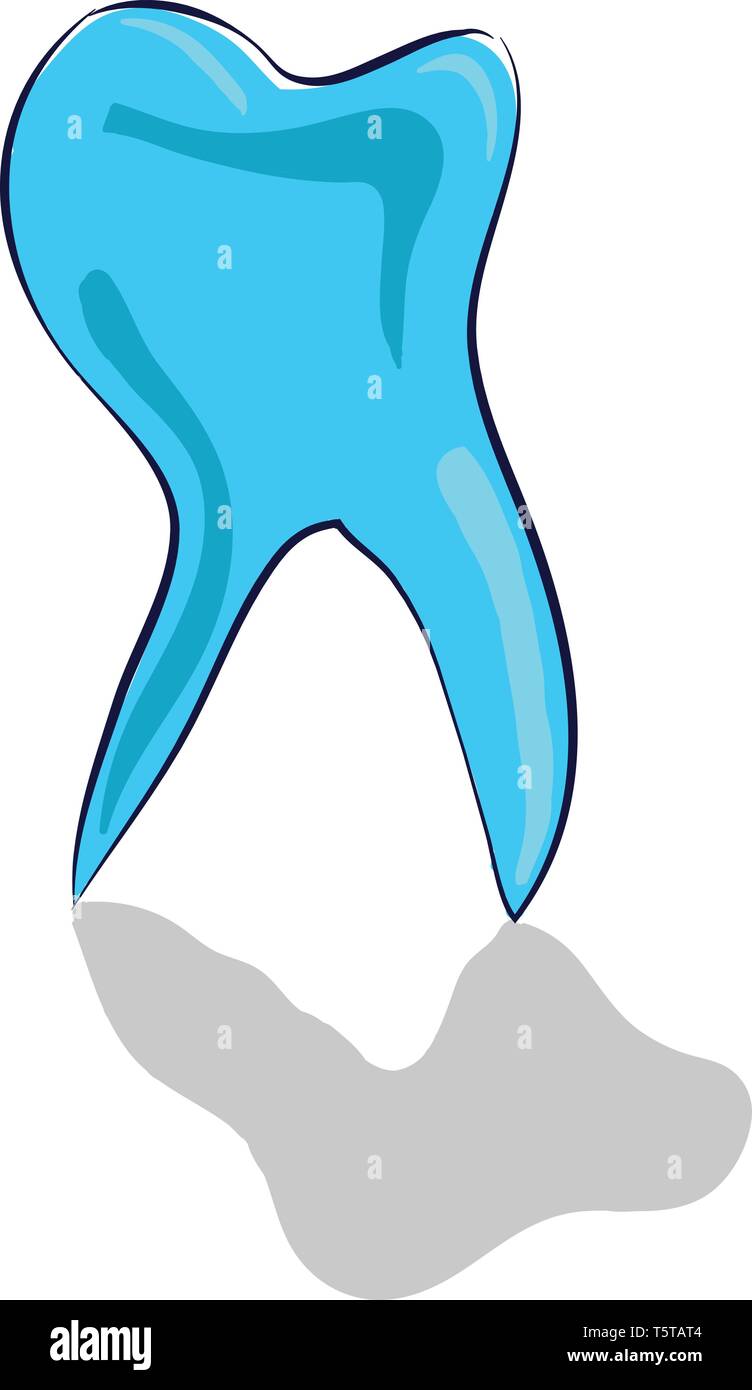 A blue-colored cartoon tooth and its reflection over white background ...