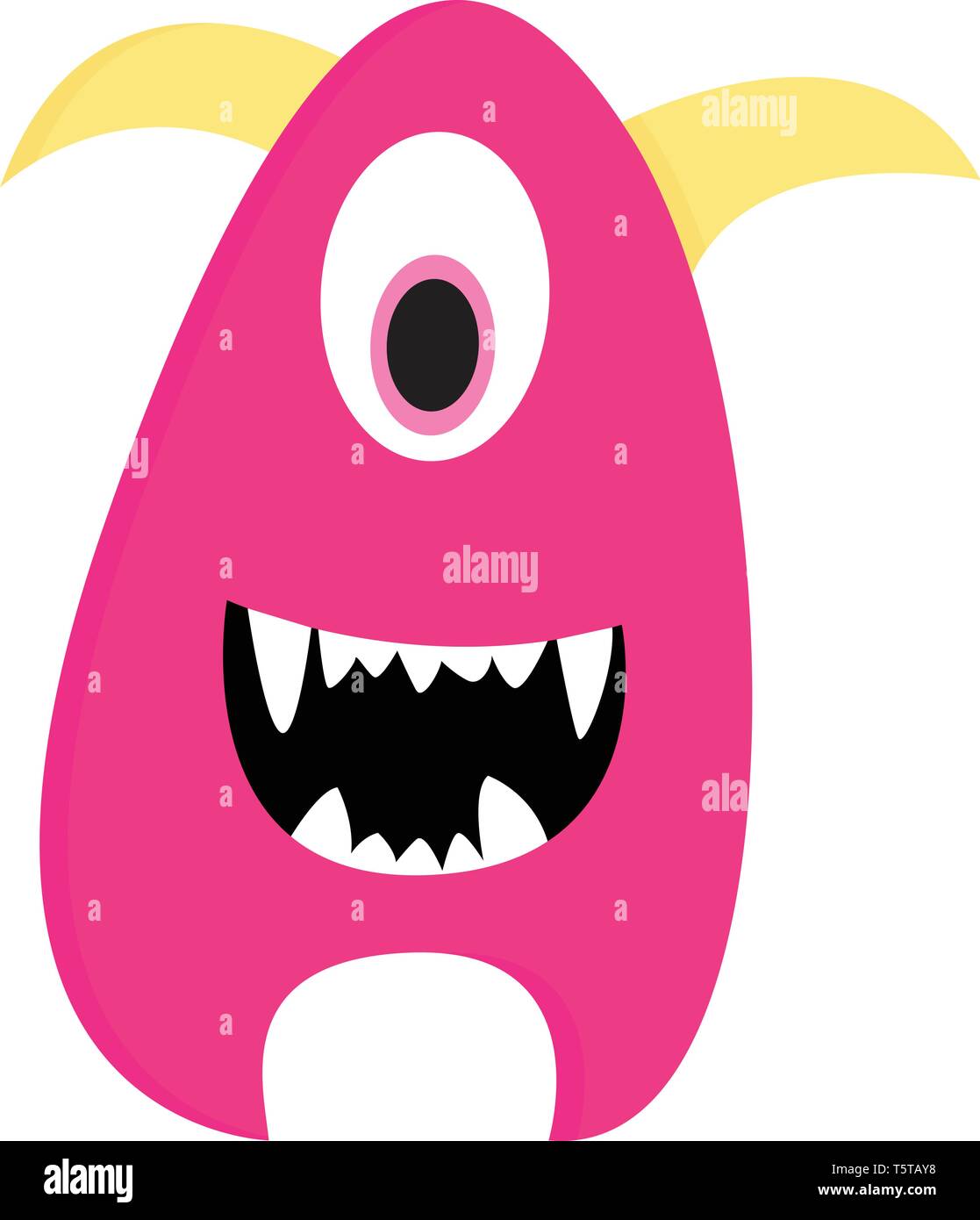 Cute smiling pink one-eyed monster with yellow horns vector ...