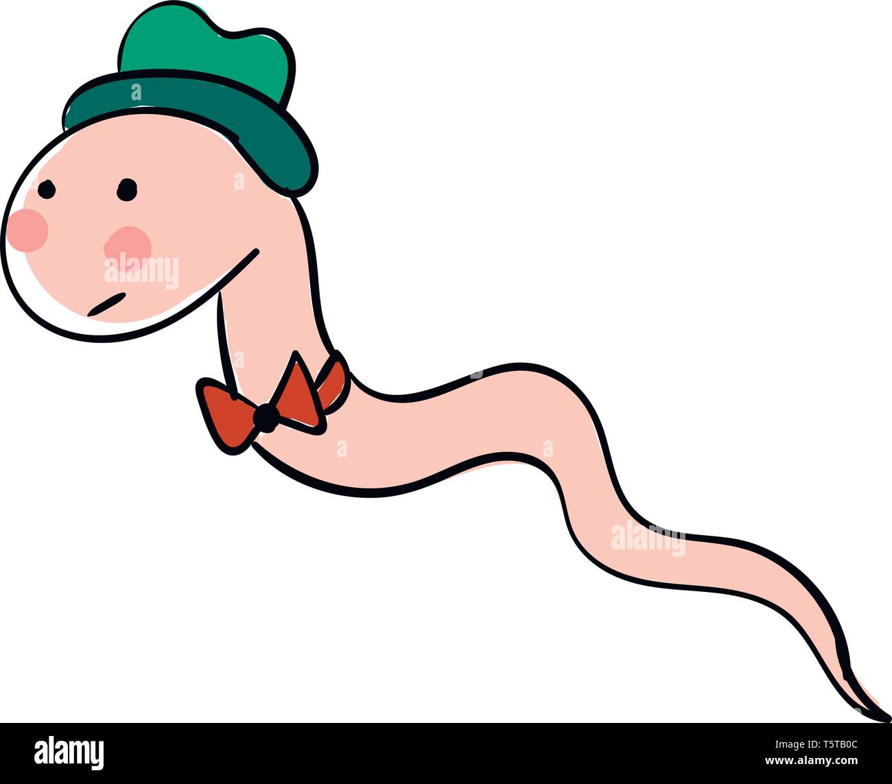 Pink worm with green hat and red bow tie vector illustration on white ...