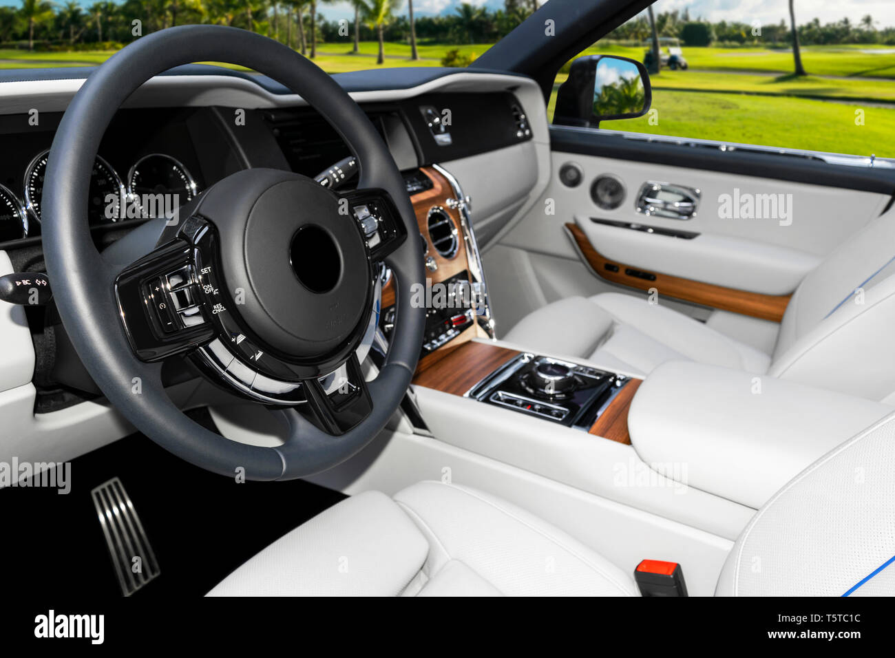 Modern luxury car white leather interior with natural wood panel. Part ...