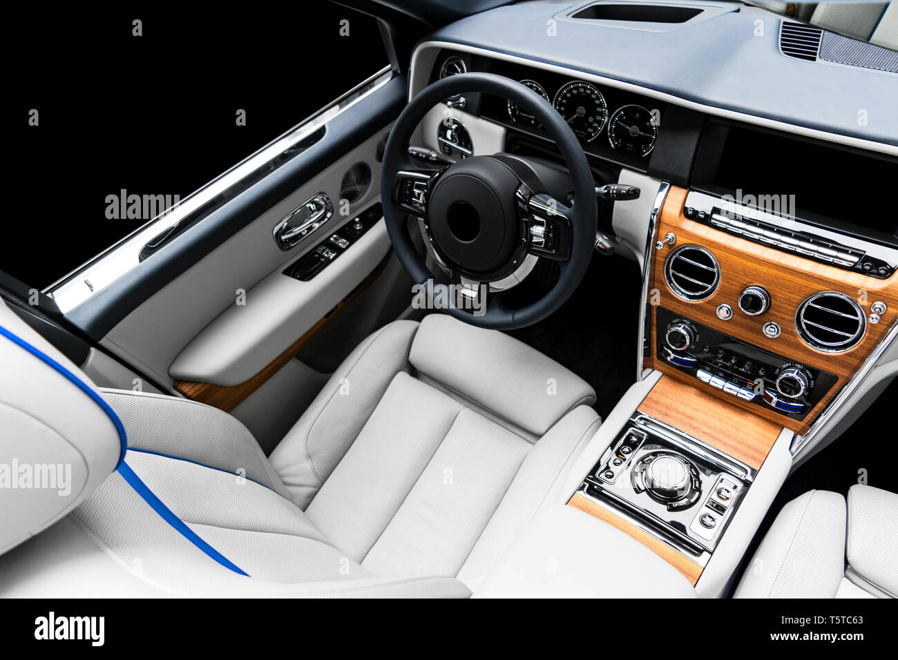 Modern luxury car white leather interior with natural wood panel. Part ...