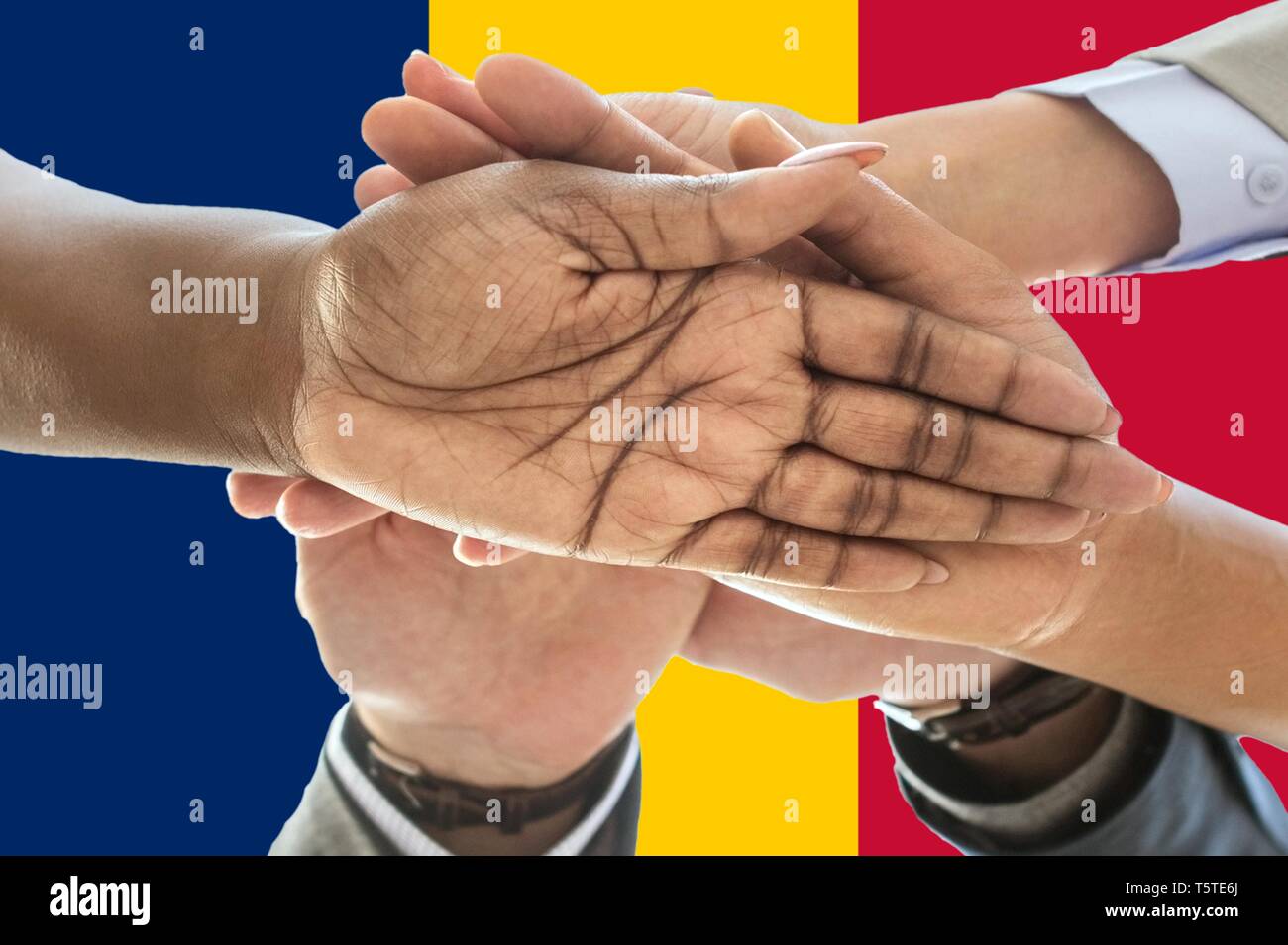 Flag of Chad, intergration of a multicultural group of young people ...