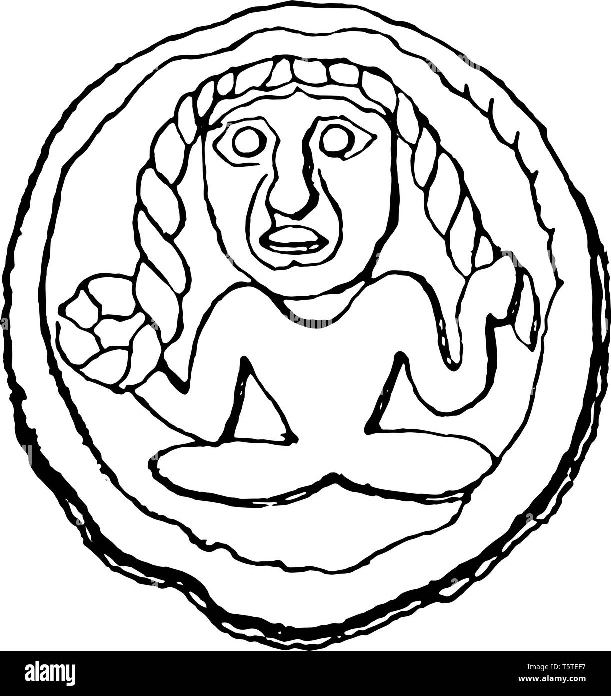 A coin that has the image of a man sitting on the floor, vintage line ...