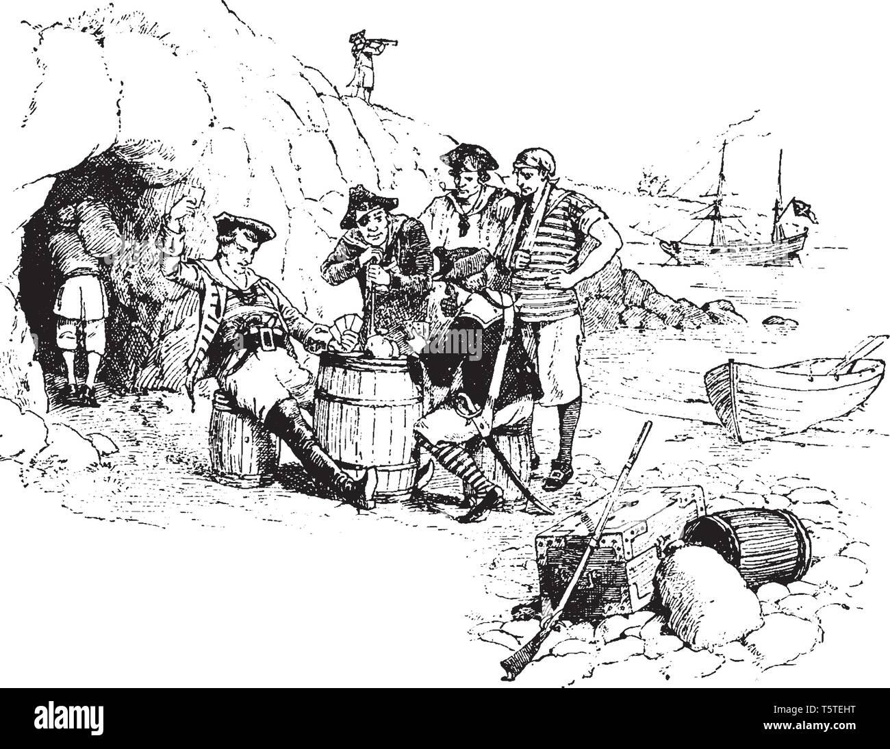 Pirates playing cards outside their cave, vintage line drawing or ...
