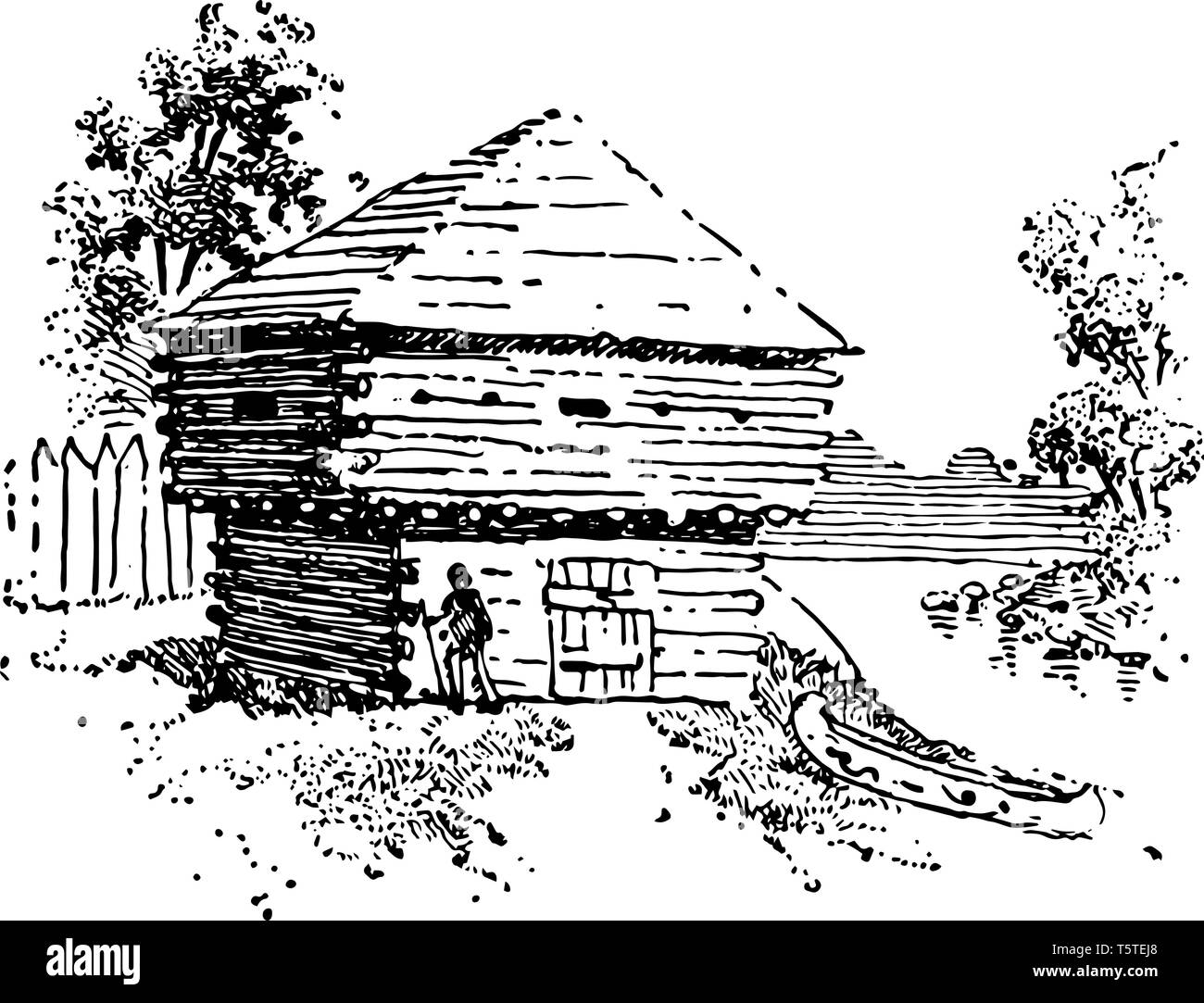 Block House from Colonial America, vintage line drawing or engraving ...