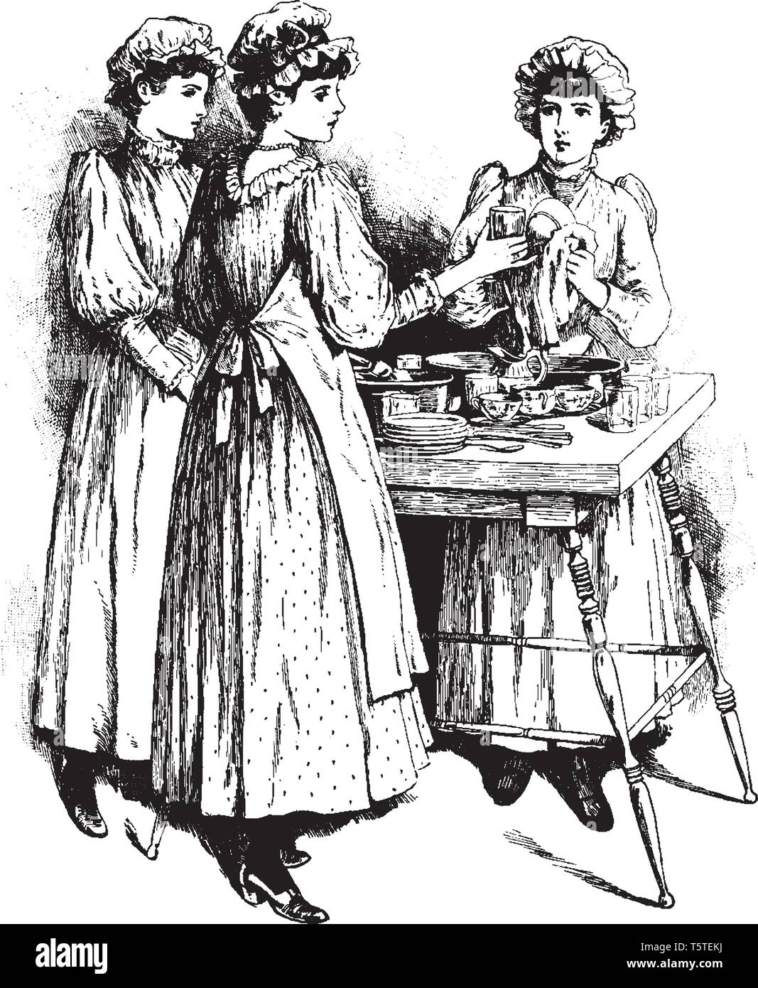 Three ladies washing plates and glasses, vintage line drawing or ...