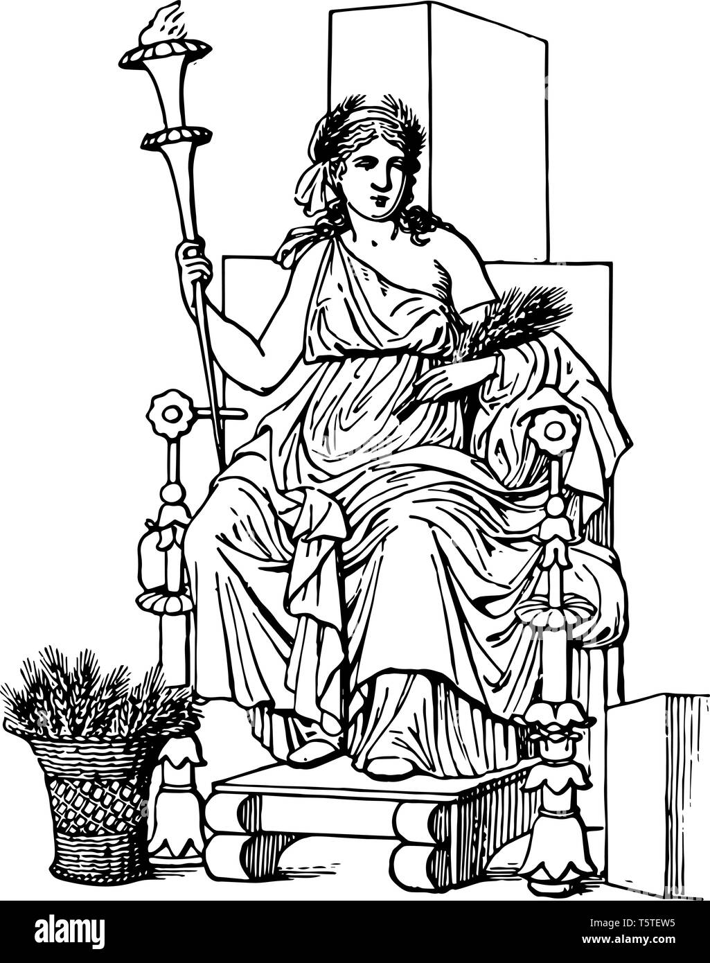 The Goddess Ceres seated while holding a torch, vintage line drawing or ...