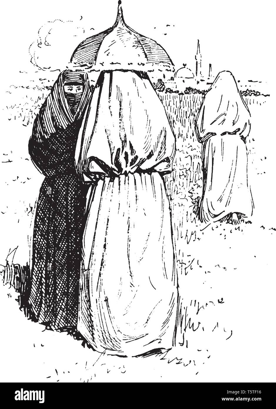 Turkish women who have their heads and faces wrapped up, vintage line ...