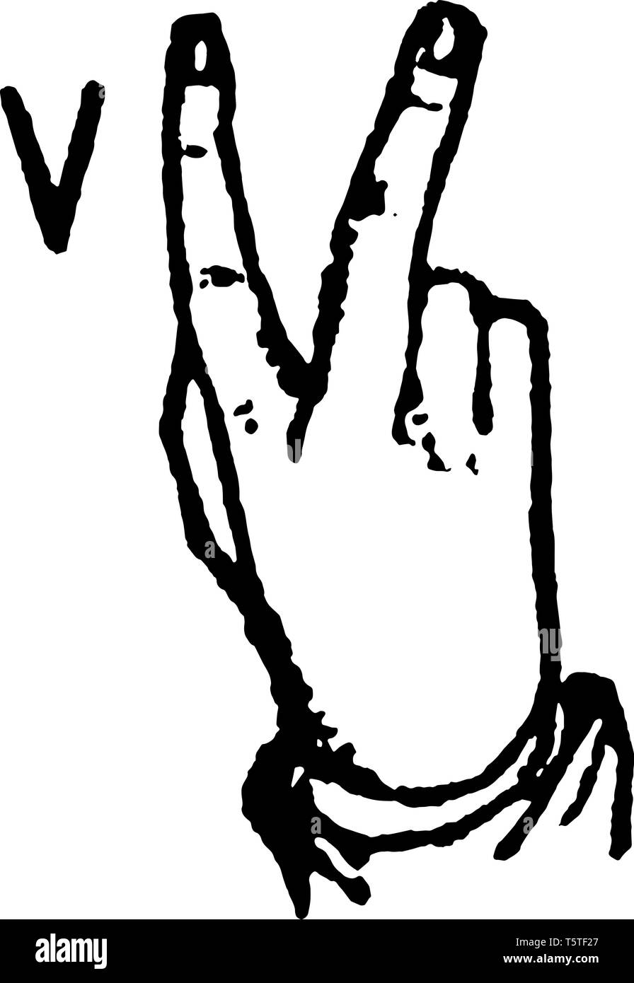 This image represents one handed Sign for V, vintage line drawing or ...