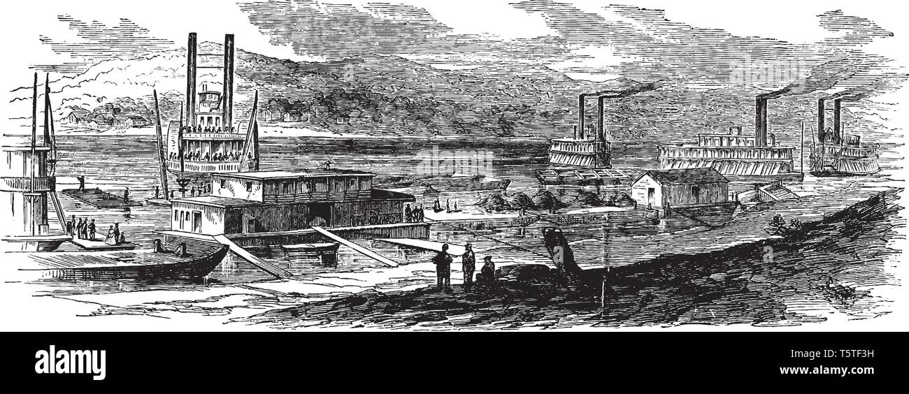 Wharf Boat is a boat moored and used for a wharf at a bank of a river ...