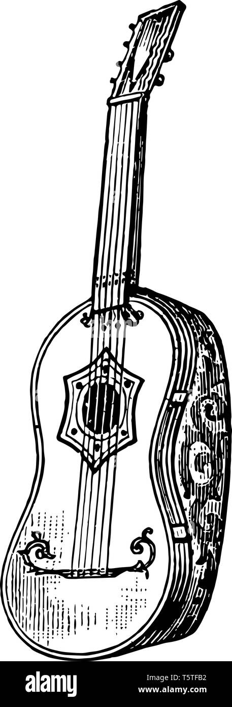 French Guitar having usually six strings stretched over a violin shaped ...