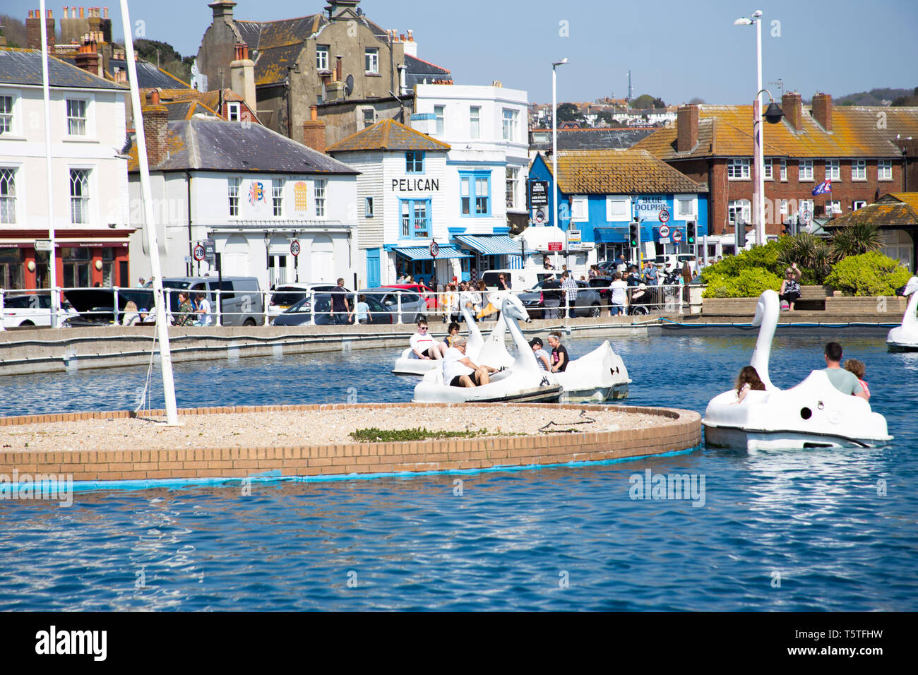 Swan boat pedalo lake in Hastings, Sussex Stock Photo - Alamy