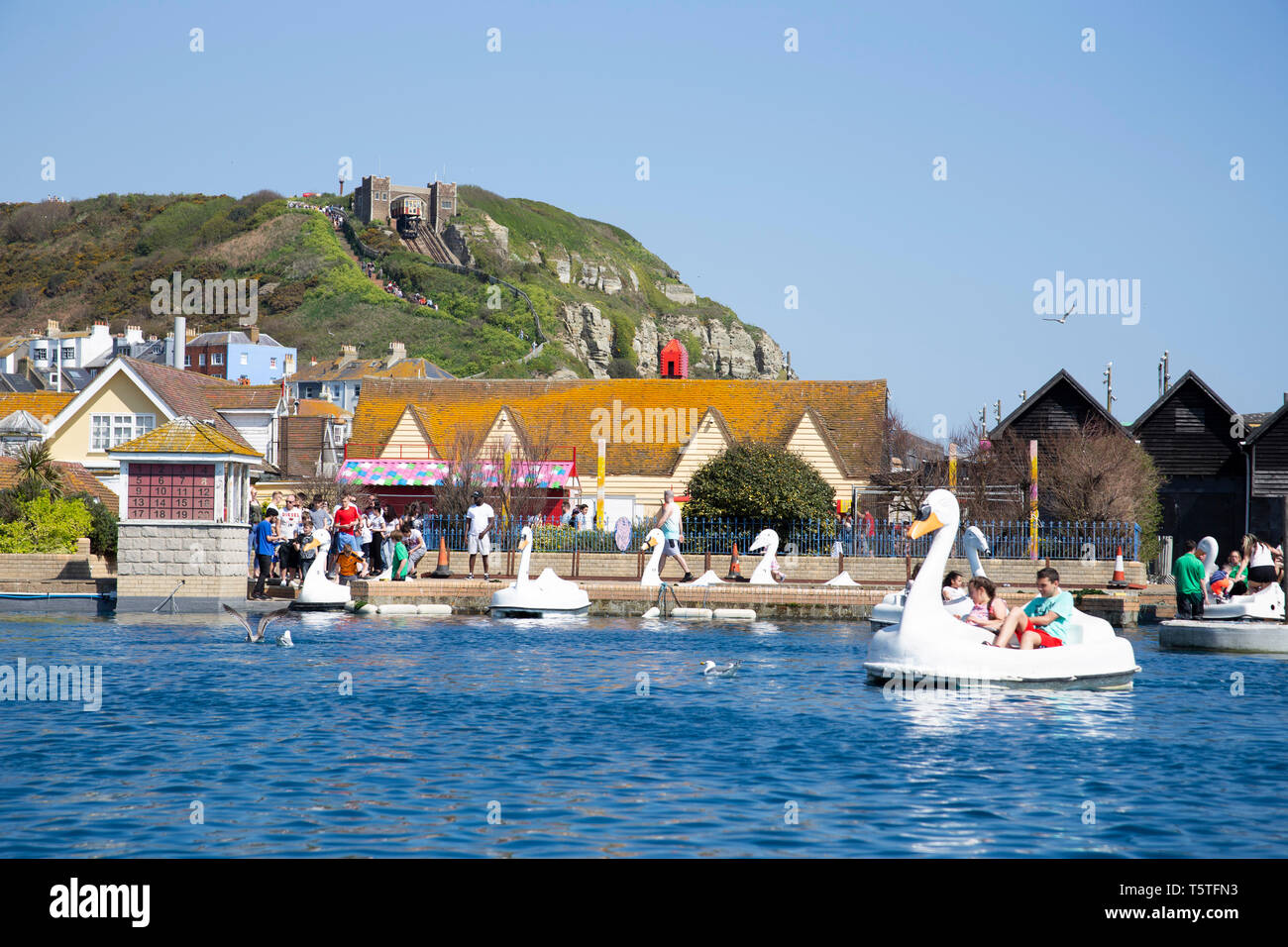 Swan boat pedalo lake in Hastings, Sussex Stock Photo - Alamy