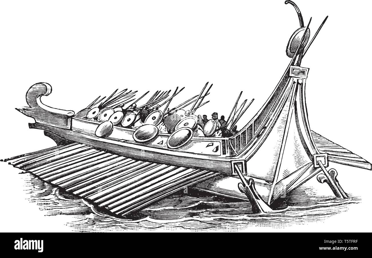 Roman Battle Ship manned by many oarsmen, vintage line drawing or ...