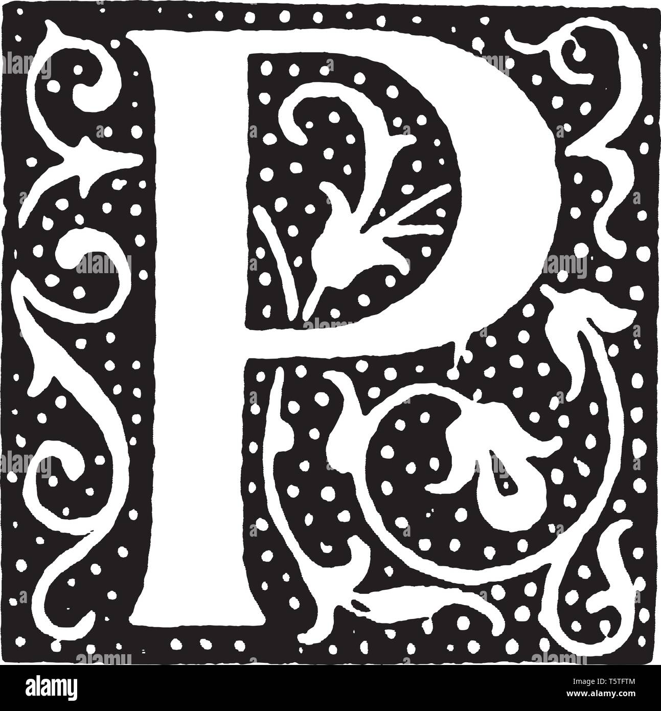 An ornamental and decorative letter P, vintage line drawing or ...