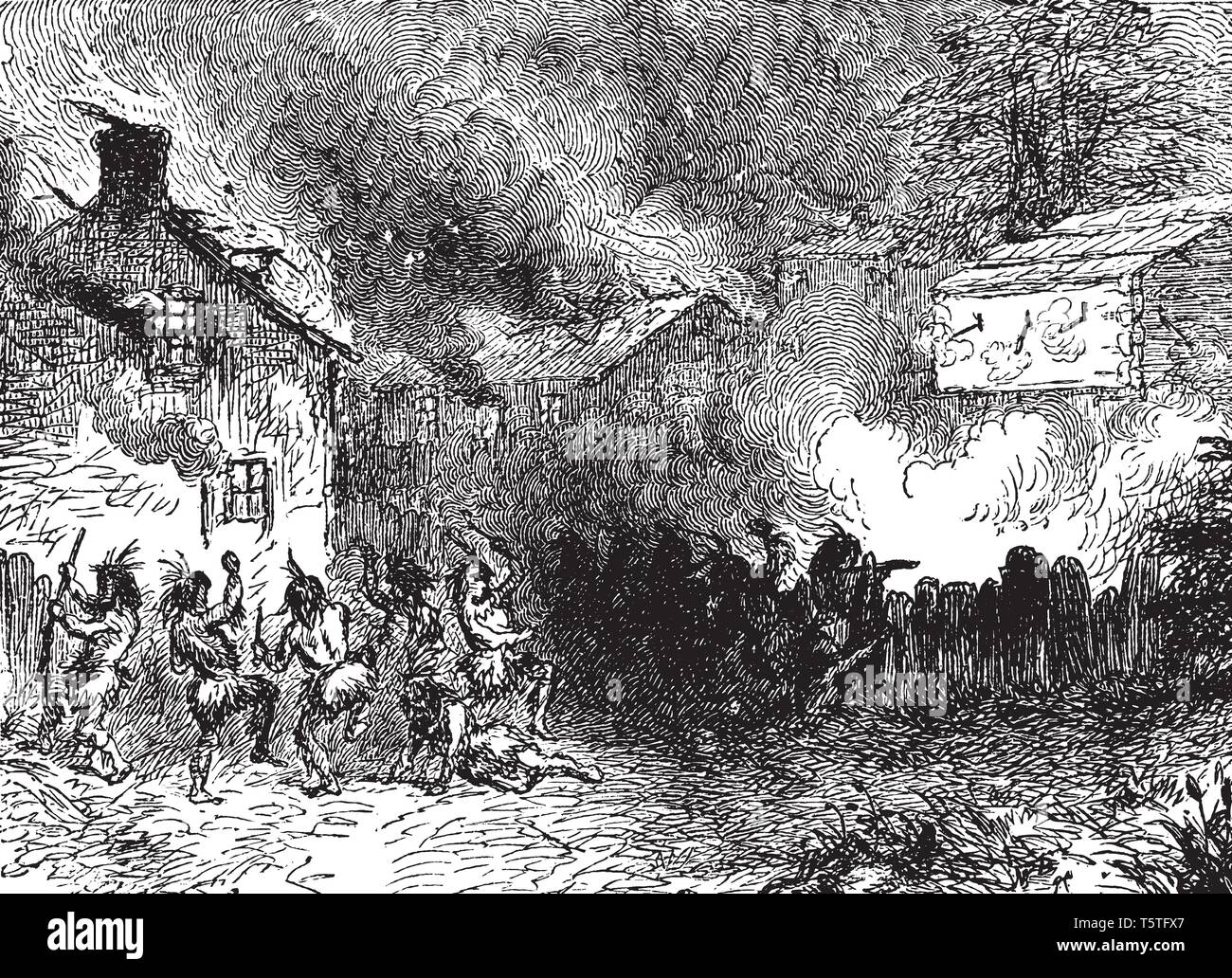 Native Americans attacking European settlement,vintage line drawing or ...