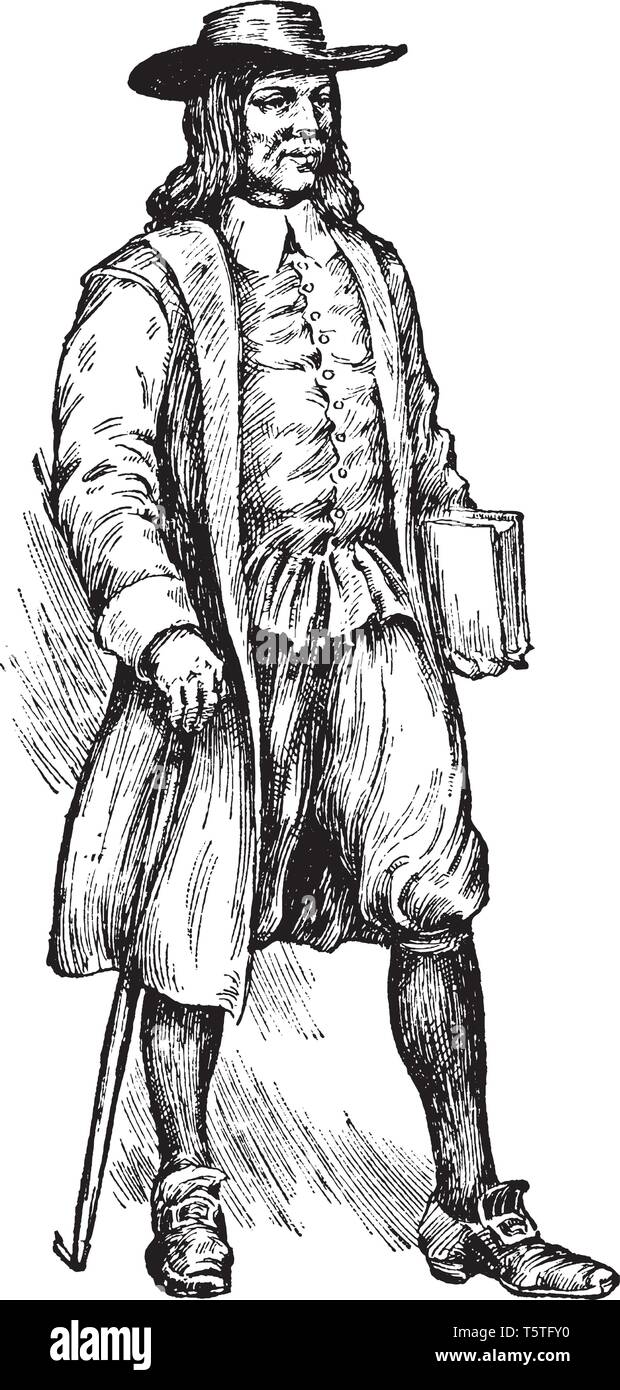 A man in costume of a Quaker, vintage line drawing or engraving ...