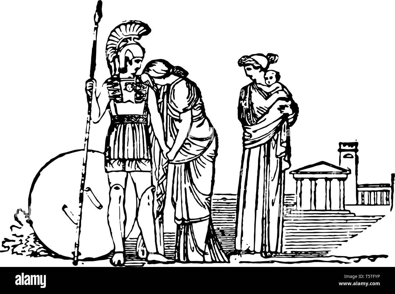 A Greek family with a soldier, vintage line drawing or engraving ...