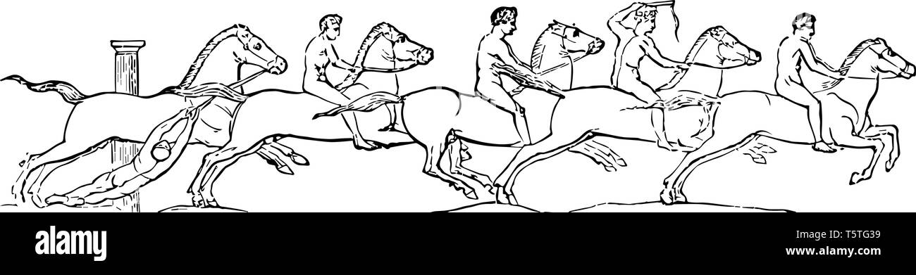 A scene of Greeks on a horse-race, vintage line drawing or engraving ...
