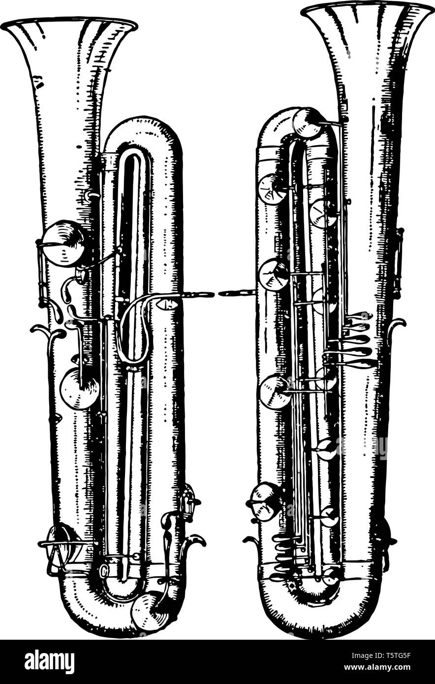 This image represents French Contrabassoon, vintage line drawing or ...