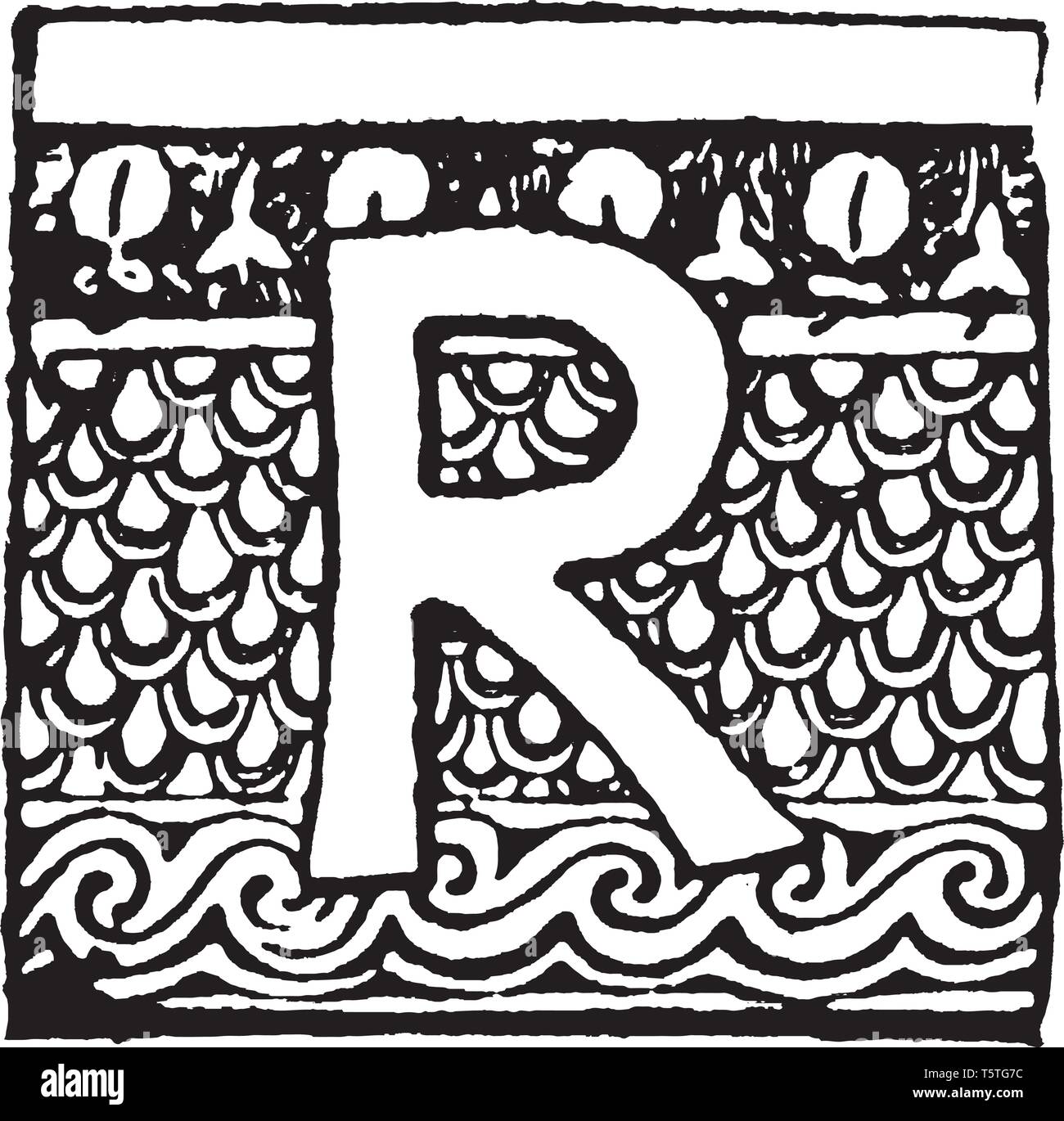 An capital letter R with girl, ball and kitten, vintage line drawing or ...